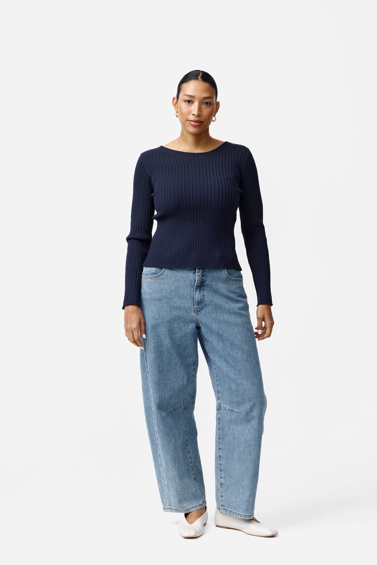 Long Sleeve Boat Neck Knit Top - Navy – Serafina
