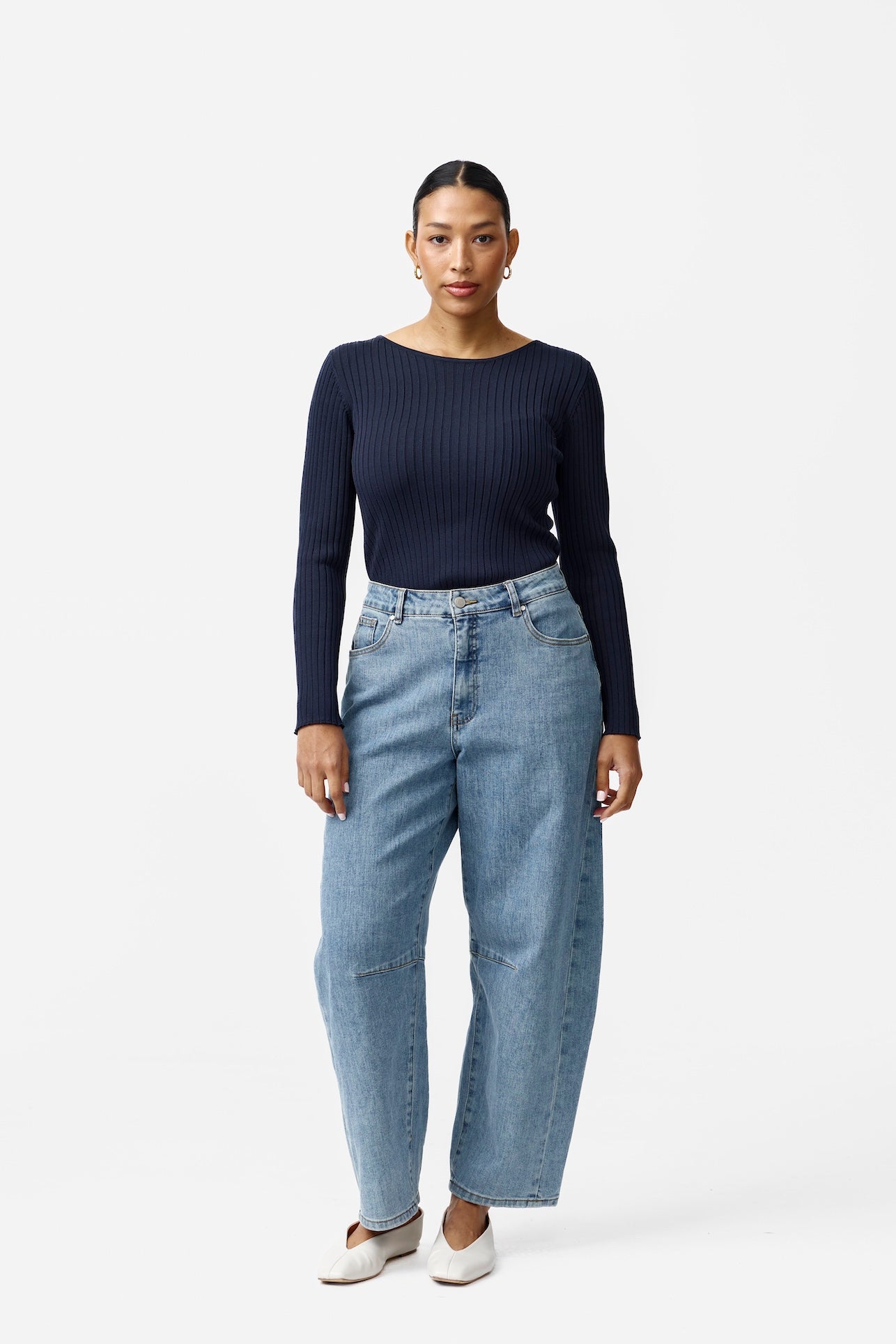 Long Sleeve Boat Neck Knit Top - Navy – Serafina