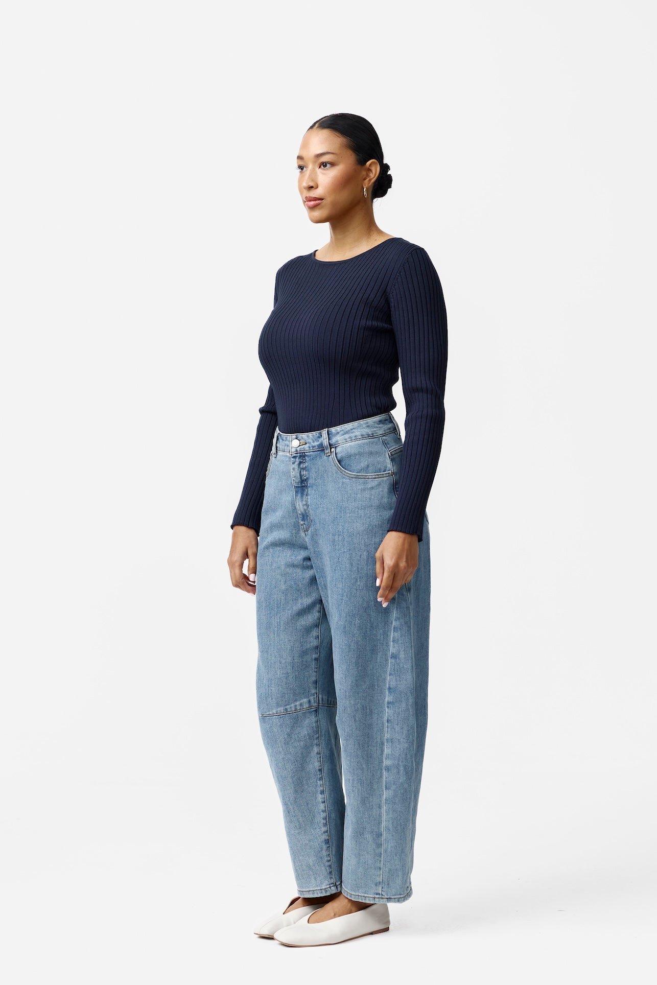 Long Sleeve Boat Neck Knit Top - Navy – Serafina